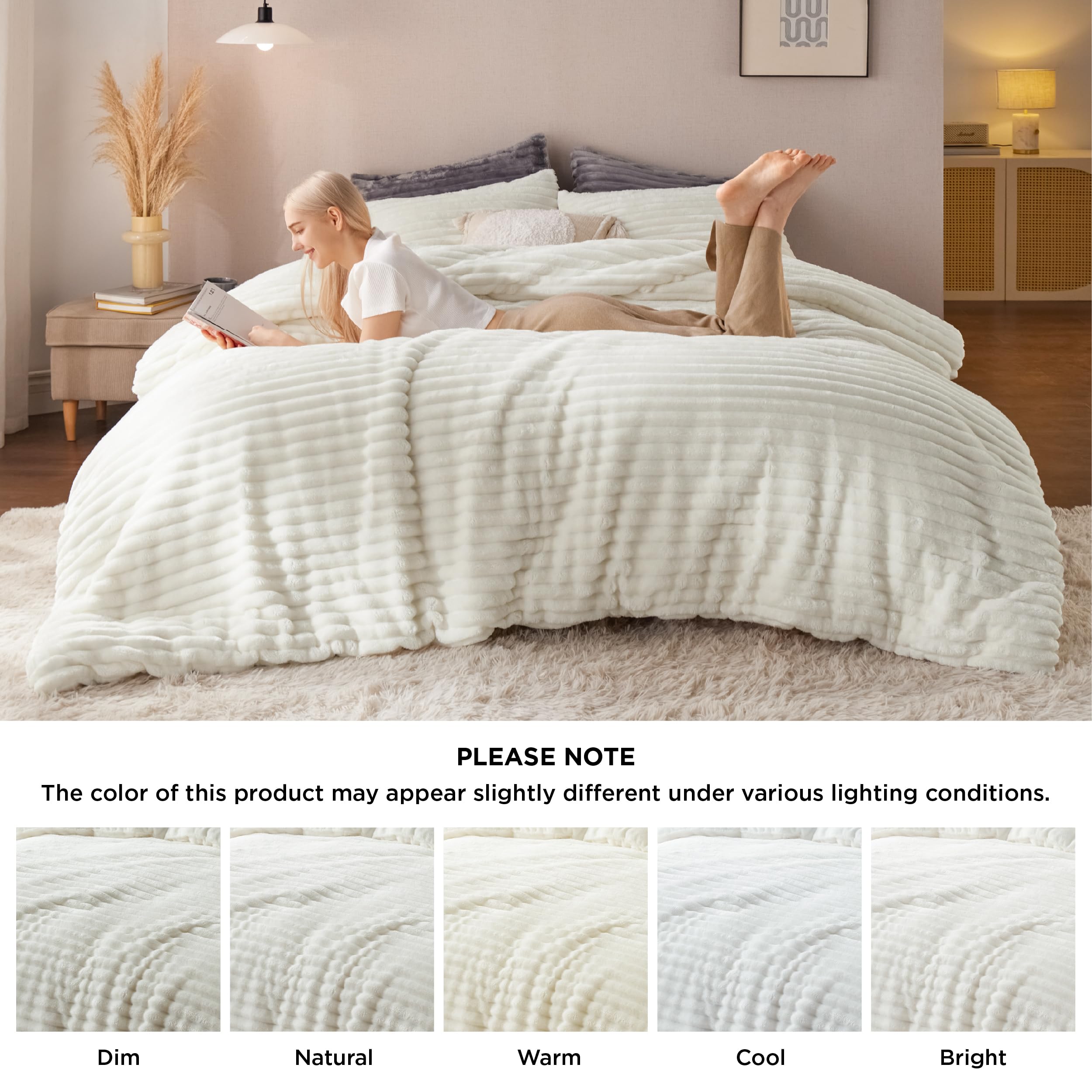 Bedsure Fluffy Comforter Set Queen - Super Soft Faux Fur Bed Set Cream White, Winter Warm Plush Fleece Bedding, 3 Pieces, 1 Shaggy Fuzzy Queen Size Comforter with 2 Pillowcases