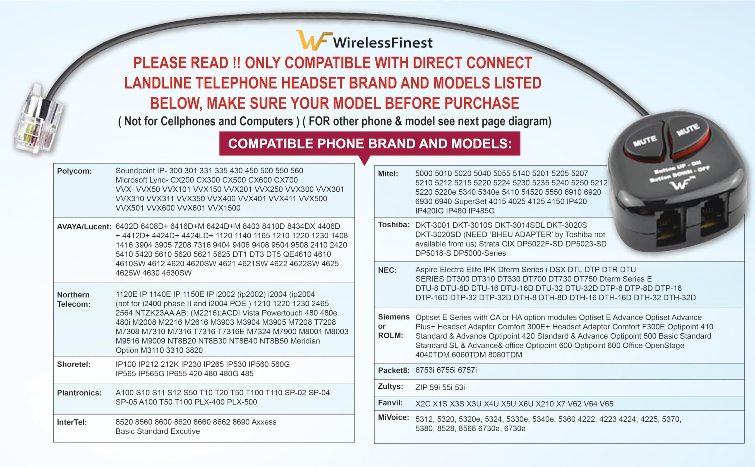Telephone Training Adapter Y Splitter+Mute Button for Headset for Nortel Meridican, Norstar, Avaya, Ashtra, Mitel, Polycom, Ge and Other IP Phone
