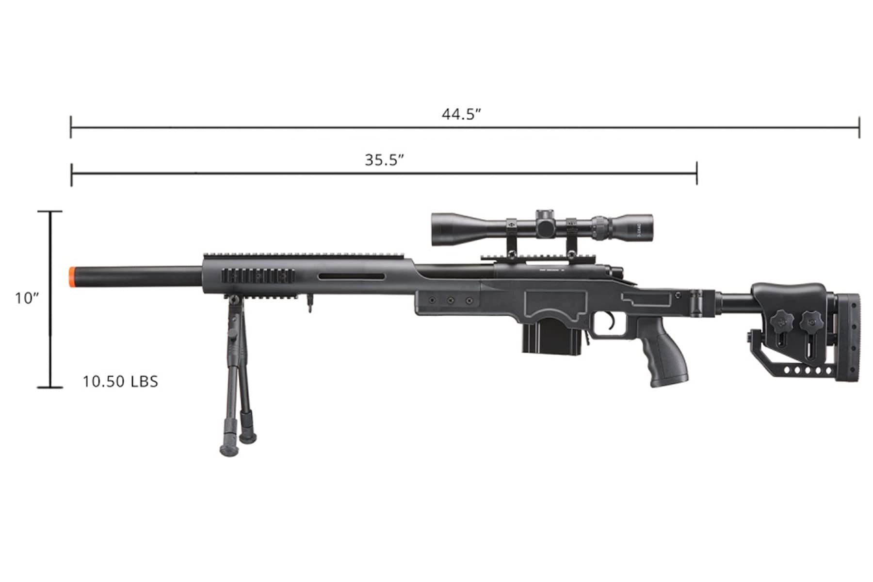 WF 410 High FPS Airsoft M24 Bolt Action Tri Rail Airsoft Rifle with Scope & Bipod - Black