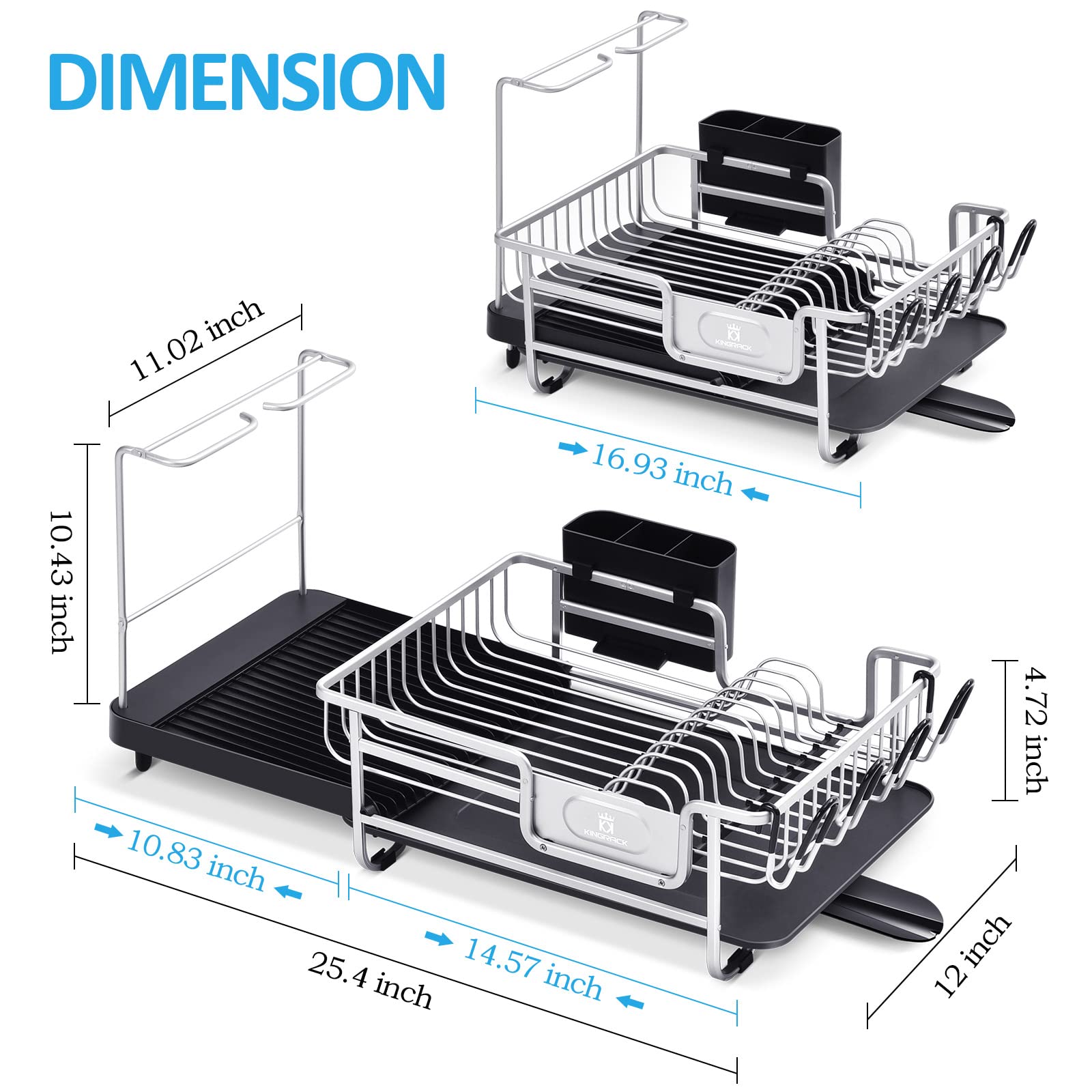 KINGRACK Expandable Dish Drying Rack,Aluminium Foldable Dish Racks for Kitchen Counter,Adjustable Dish Drying Rack with Drainboard Set Swivel Spout,Removable Utensil Holder,Cups Holder,Black