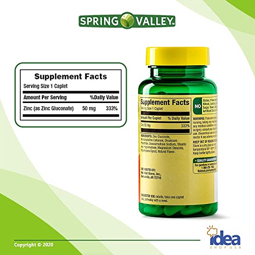 Zinc Caplets Dietary Supplement, Immune Health Support Compatible with Spring Valley, 50 mg, 200 Ct Bundle with Exclusive "Vitamins & Minerals A to Z" - Better Idea Guide (2 Items)