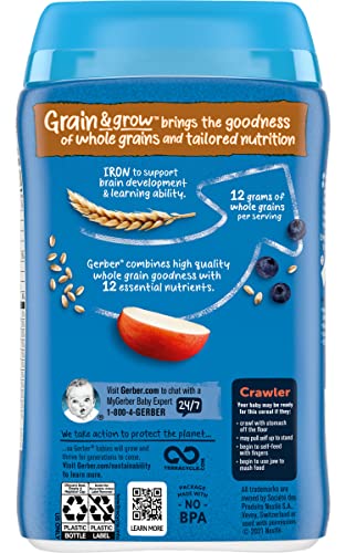 Gerber Cereal for Baby Grain & Grow Cereal, Lil’ Bits Whole Wheat Apple Blueberry Cereal, Non-GMO, For Crawlers 8+ Months, 8-Ounce Canister (Pack of 3)