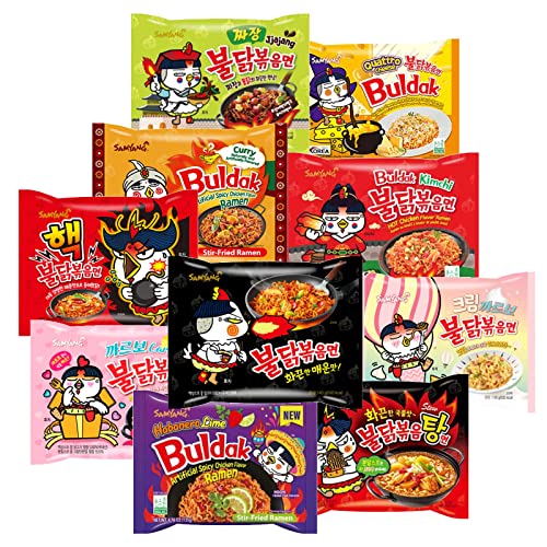 DYNAMART Samyang Buldak Chicken Stir Fried Ramen Korean Ramen (10 Flavor Combo, 10 Pack) 10 Different Flavor Spicy Chicken Noodle, Buldak Instant Noodle Variety Pack (Original, Extra Hot, Stew, Carbonara, Jjajang, Curry, Kimchi, Habanero, Cream Carbonara,