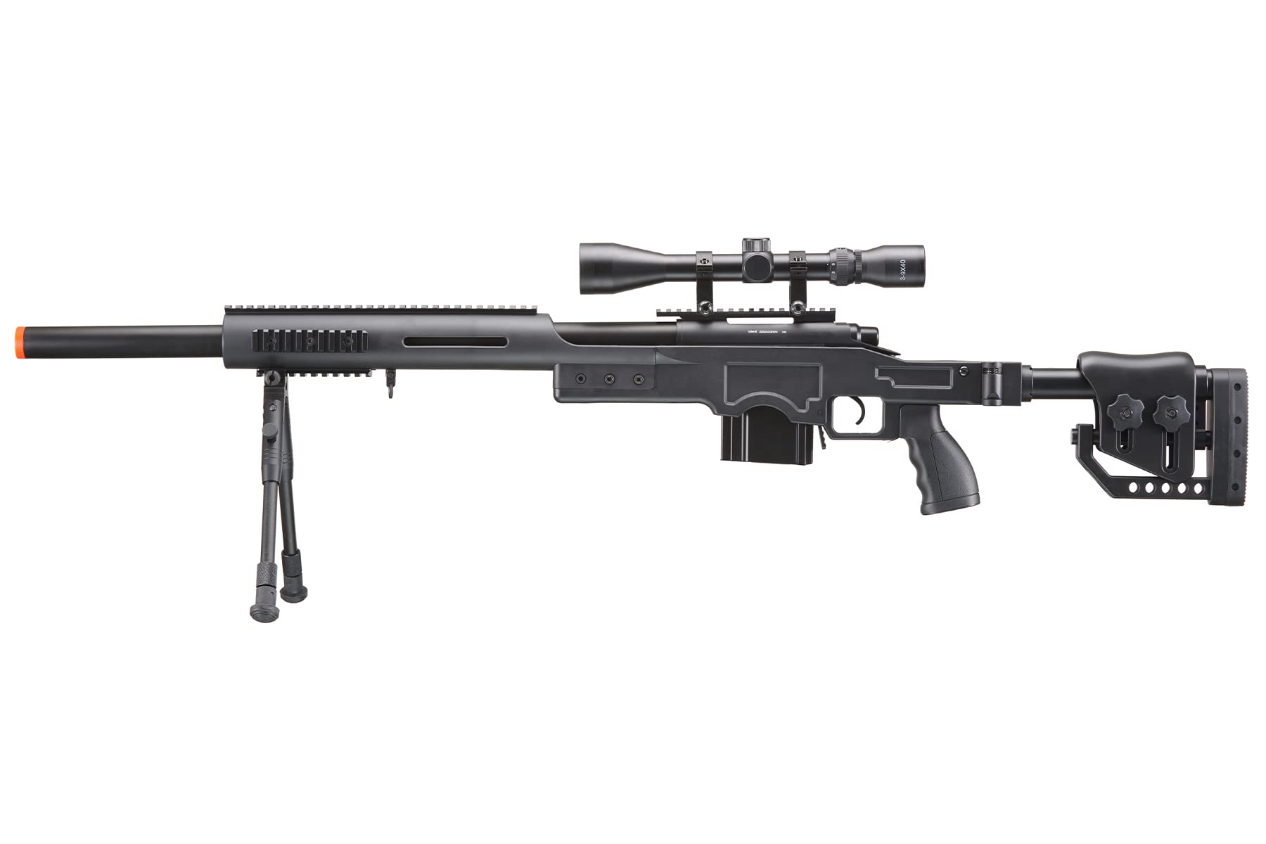 WF 410 High FPS Airsoft M24 Bolt Action Tri Rail Airsoft Rifle with Scope & Bipod - Black