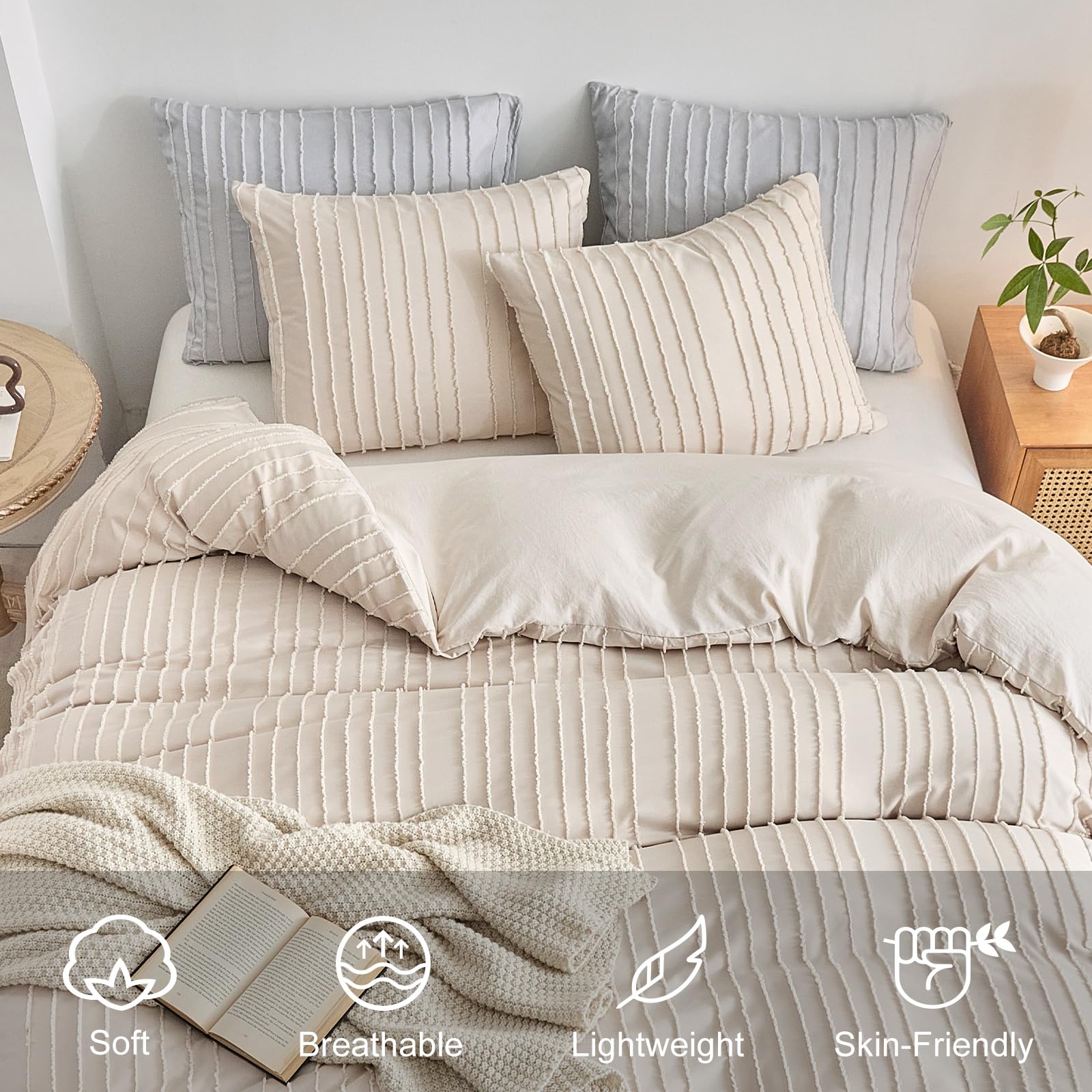 WARMDERN Khaki Boho Duvet Cover Set Queen Size, Striped Textured Tufted Bedding Set, 3 Piece Soft Washed Microfiber Duvet Cover with Zipper Closure (Khaki)