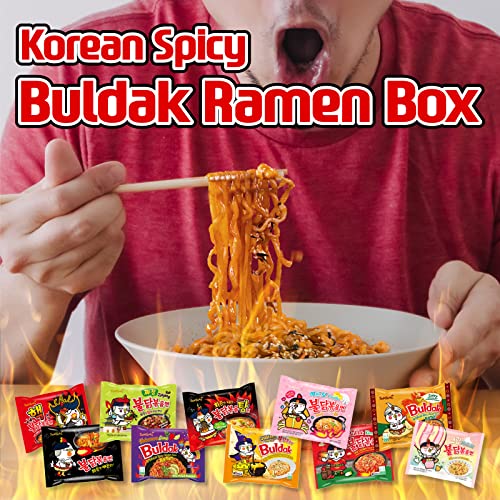 DYNAMART Samyang Buldak Chicken Stir Fried Ramen Korean Ramen (10 Flavor Combo, 10 Pack) 10 Different Flavor Spicy Chicken Noodle, Buldak Instant Noodle Variety Pack (Original, Extra Hot, Stew, Carbonara, Jjajang, Curry, Kimchi, Habanero, Cream Carbonara,