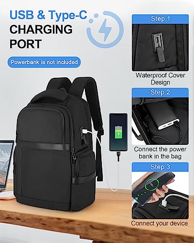 Travel Laptop Backpack for Men, Waterproof Anti Theft Backpack for Women, Hiking Backpacks with USB Type-C Charging, Business Back pack Daypack, Black Upgrade