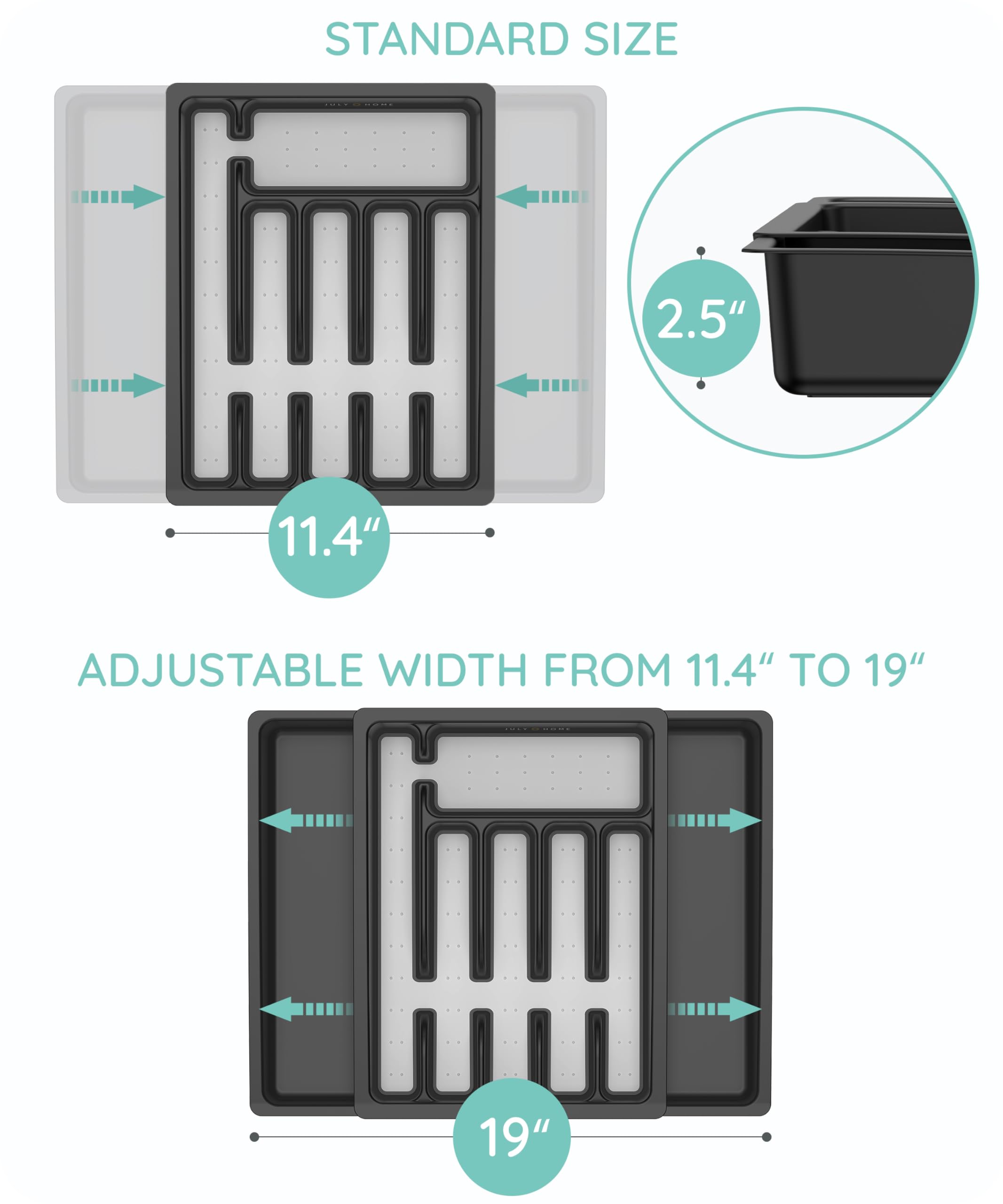 JULY HOME Expandable Kitchen Drawer Organizer - Convenient Plastic Flatware Drawer Organizer / Utensil Holder and Cutlery Tray Multipurpose Organizer Silverware Tray for Drawer Apartment Essentials