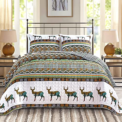 Mocaletto Boho Quilts Queen Size,Reversible Rustic Deer Lodge Cabin Quilt Set,Patchwork Green Bedding Set with Pillow Shams,Bohemian Stripes Bedspread,Lightweight Microfiber Coverlet