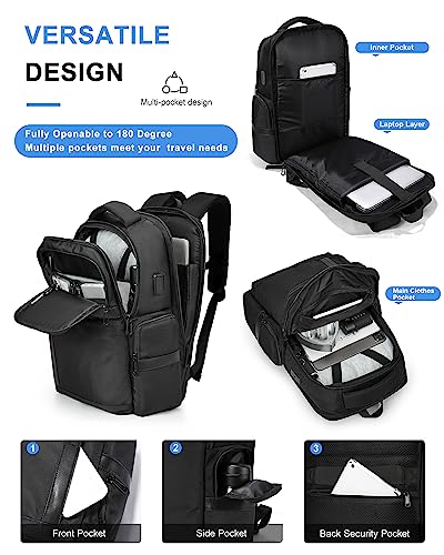 Travel Laptop Backpack for Men, Waterproof Anti Theft Backpack for Women, Hiking Backpacks with USB Type-C Charging, Business Back pack Daypack, Black Upgrade