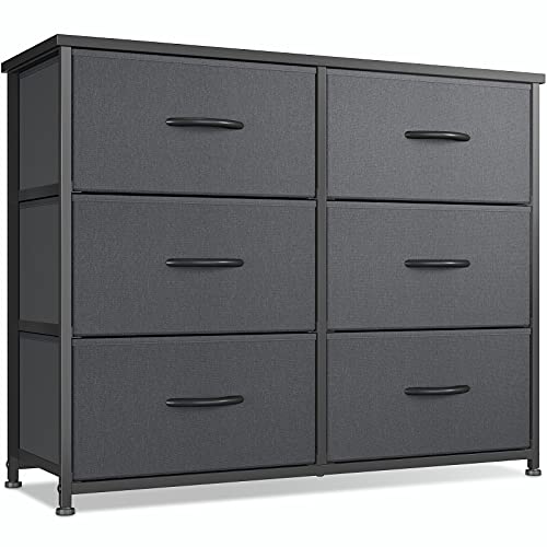 CubiCubi Dresser for Bedroom, 6 Drawer Storage Organizer Tall Wide Dresser for Bedroom Hallway, Sturdy Steel Frame Wood Top, Black Grey