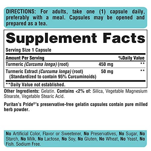 Puritan's Pride Turmeric Curcumin 500 Mg Contains Antioxidants, 180 Count (Pack of 2), Total 360 Count