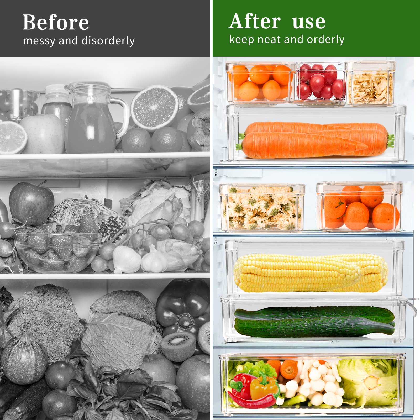 Yustuf 10-pack Clear Stackable Refrigerator Organizer Bins with 4 liners, Plastic Pantry Organization and Storage Bins with lids Vegetable Fruit Storage Containers for Fridge