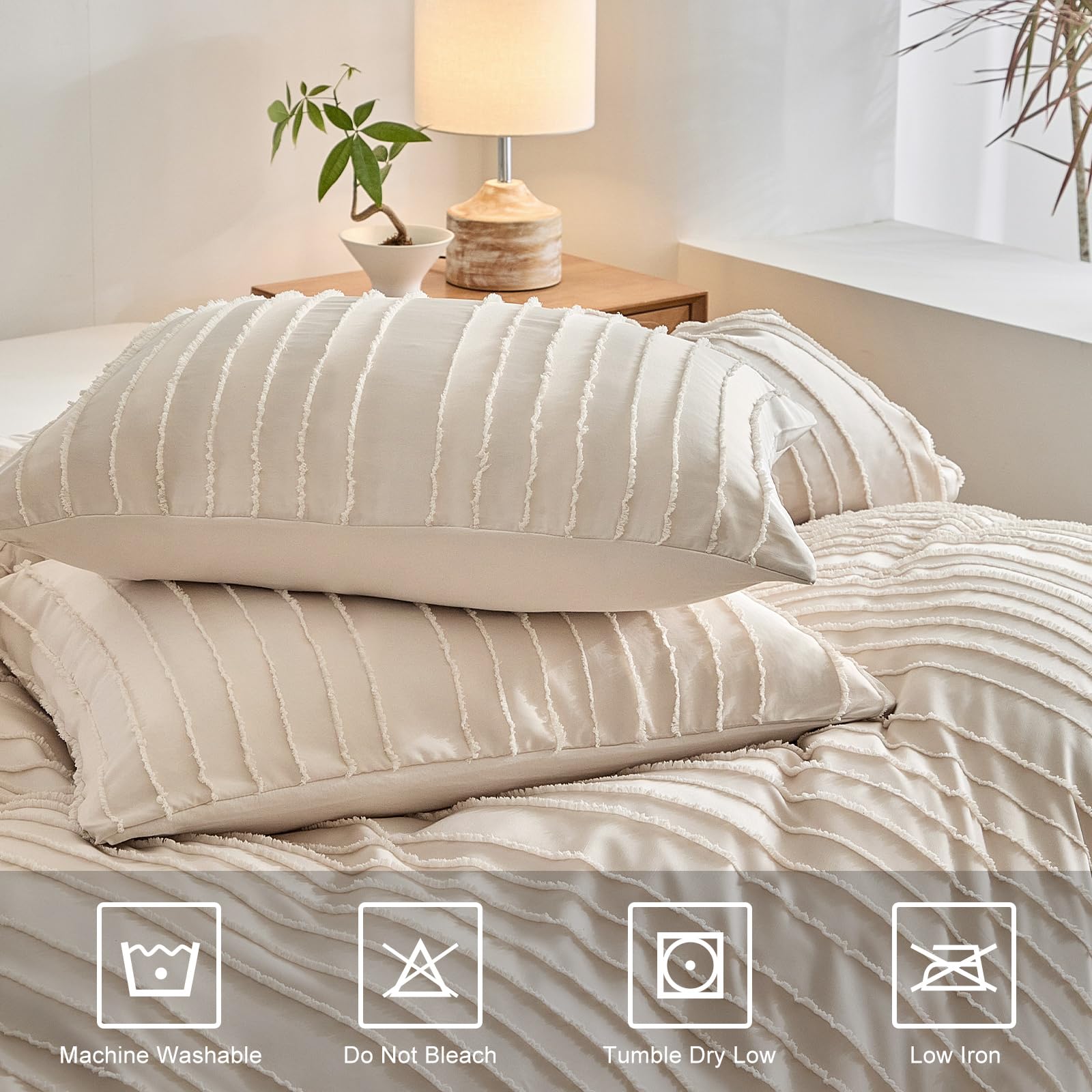 WARMDERN Khaki Boho Duvet Cover Set Queen Size, Striped Textured Tufted Bedding Set, 3 Piece Soft Washed Microfiber Duvet Cover with Zipper Closure (Khaki)