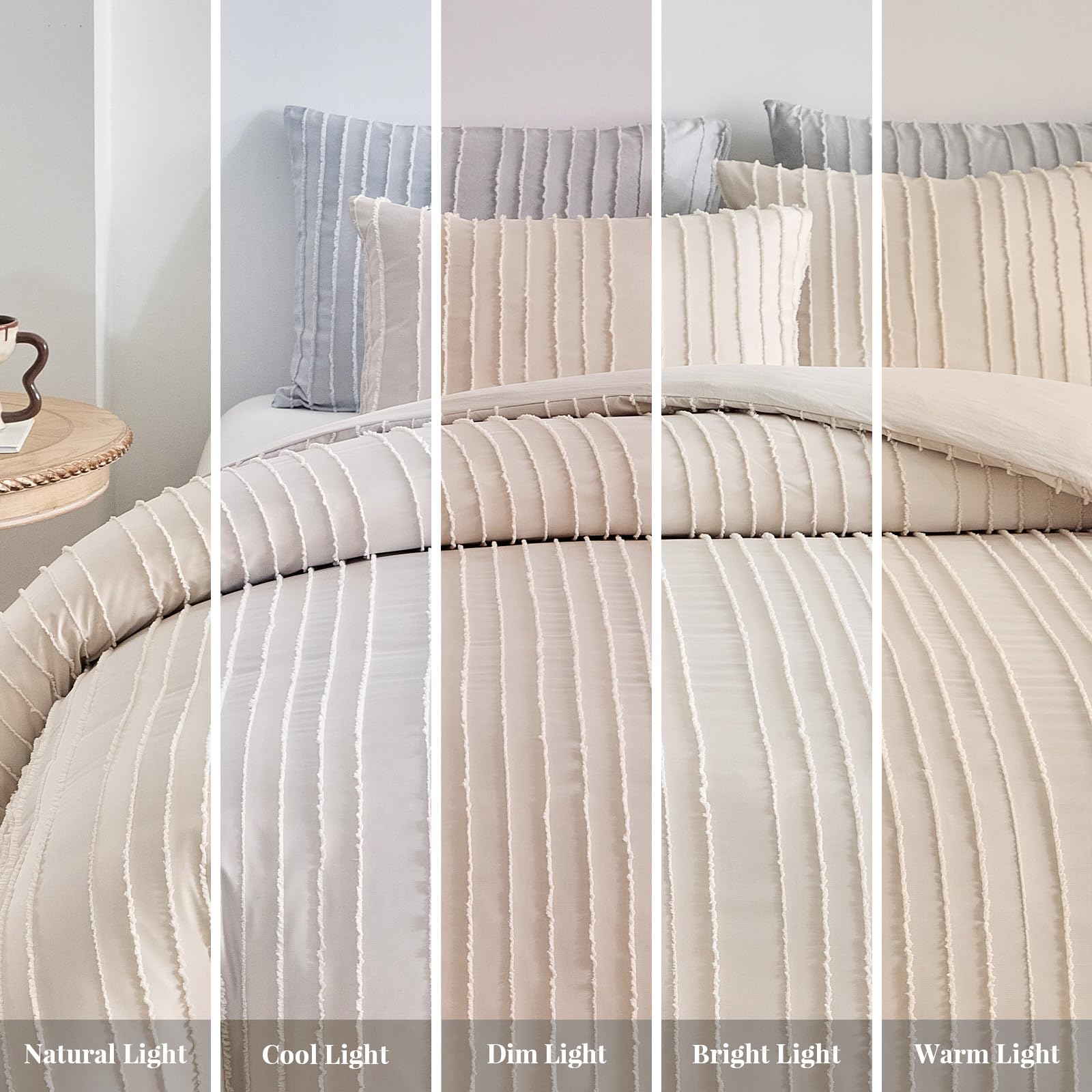 WARMDERN Khaki Boho Duvet Cover Set Queen Size, Striped Textured Tufted Bedding Set, 3 Piece Soft Washed Microfiber Duvet Cover with Zipper Closure (Khaki)