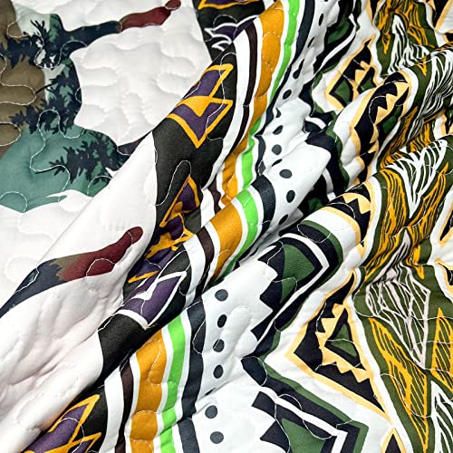 Mocaletto Boho Quilts Queen Size,Reversible Rustic Deer Lodge Cabin Quilt Set,Patchwork Green Bedding Set with Pillow Shams,Bohemian Stripes Bedspread,Lightweight Microfiber Coverlet