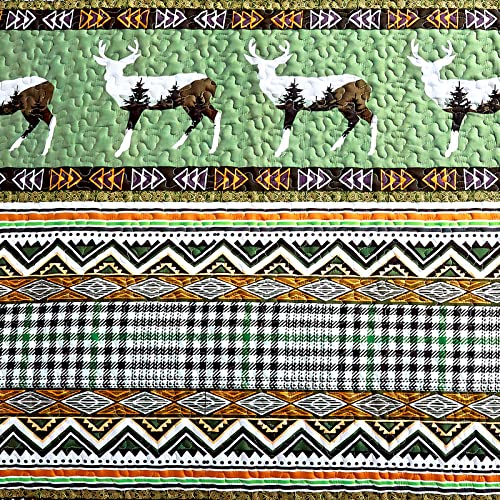 Mocaletto Boho Quilts Queen Size,Reversible Rustic Deer Lodge Cabin Quilt Set,Patchwork Green Bedding Set with Pillow Shams,Bohemian Stripes Bedspread,Lightweight Microfiber Coverlet
