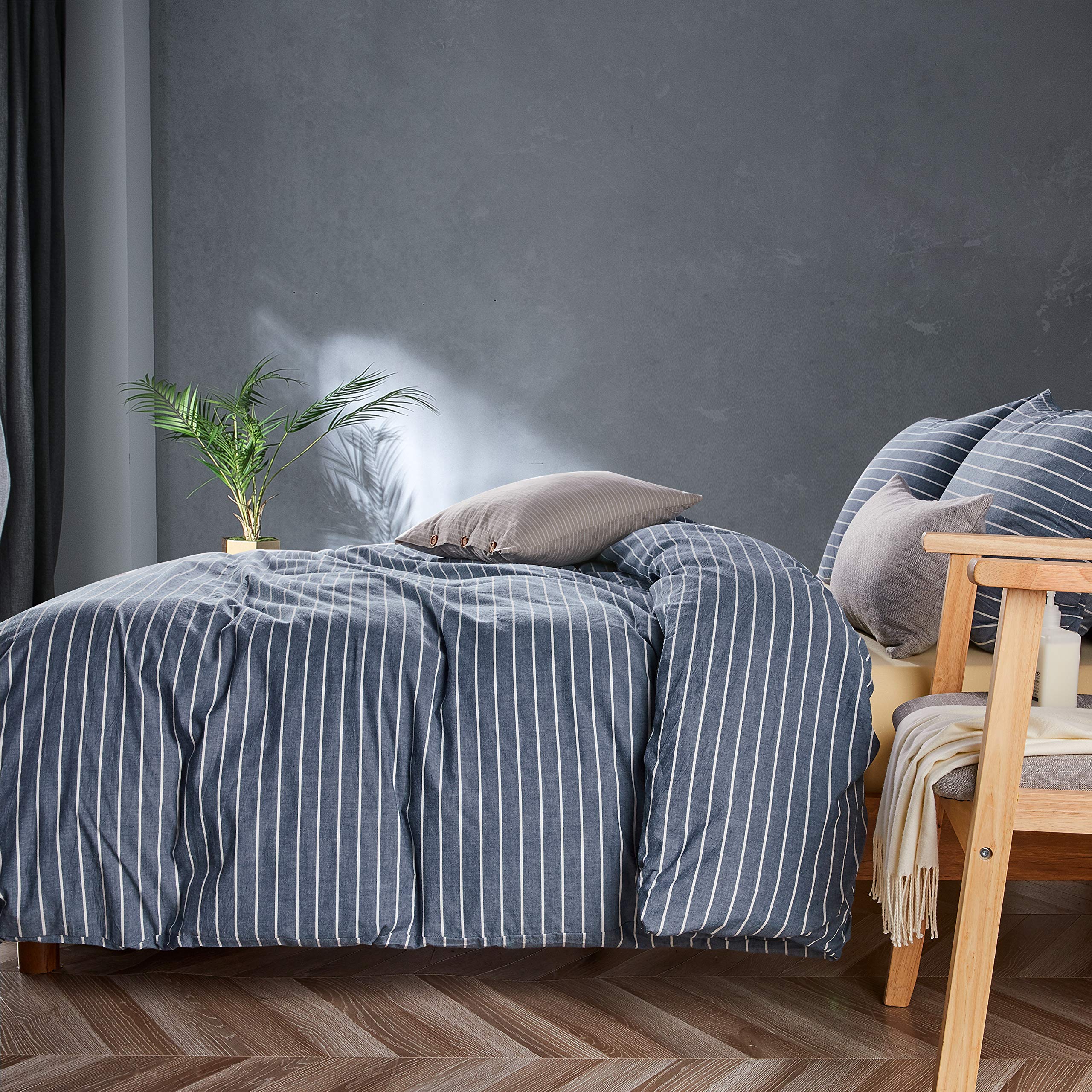JELLYMONI Pinstriped 100% Washed Cotton Linen Like Duvet Cover Set, 3 Pieces Luxury Soft Bedding Set with Buttons Closure, Blue Stripes Pattern Printed Duvet Cover King Size(No Comforter)