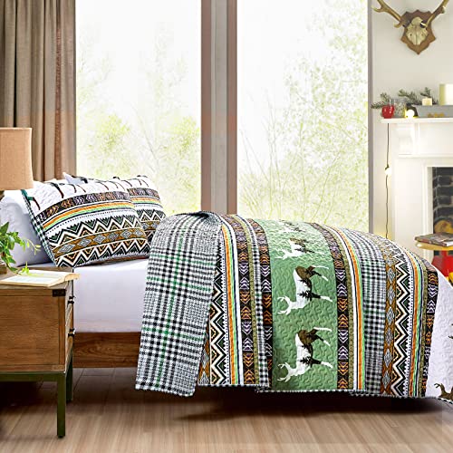 Mocaletto Boho Quilts Queen Size,Reversible Rustic Deer Lodge Cabin Quilt Set,Patchwork Green Bedding Set with Pillow Shams,Bohemian Stripes Bedspread,Lightweight Microfiber Coverlet