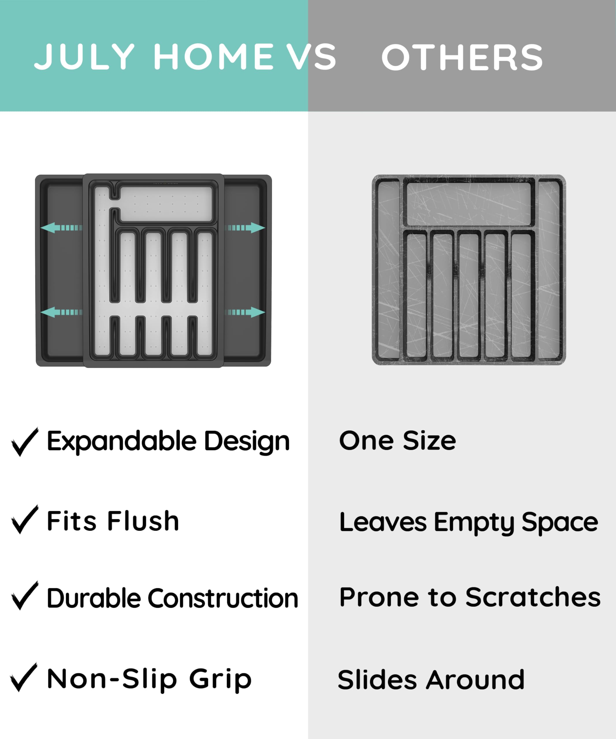 JULY HOME Expandable Kitchen Drawer Organizer - Convenient Plastic Flatware Drawer Organizer / Utensil Holder and Cutlery Tray Multipurpose Organizer Silverware Tray for Drawer Apartment Essentials