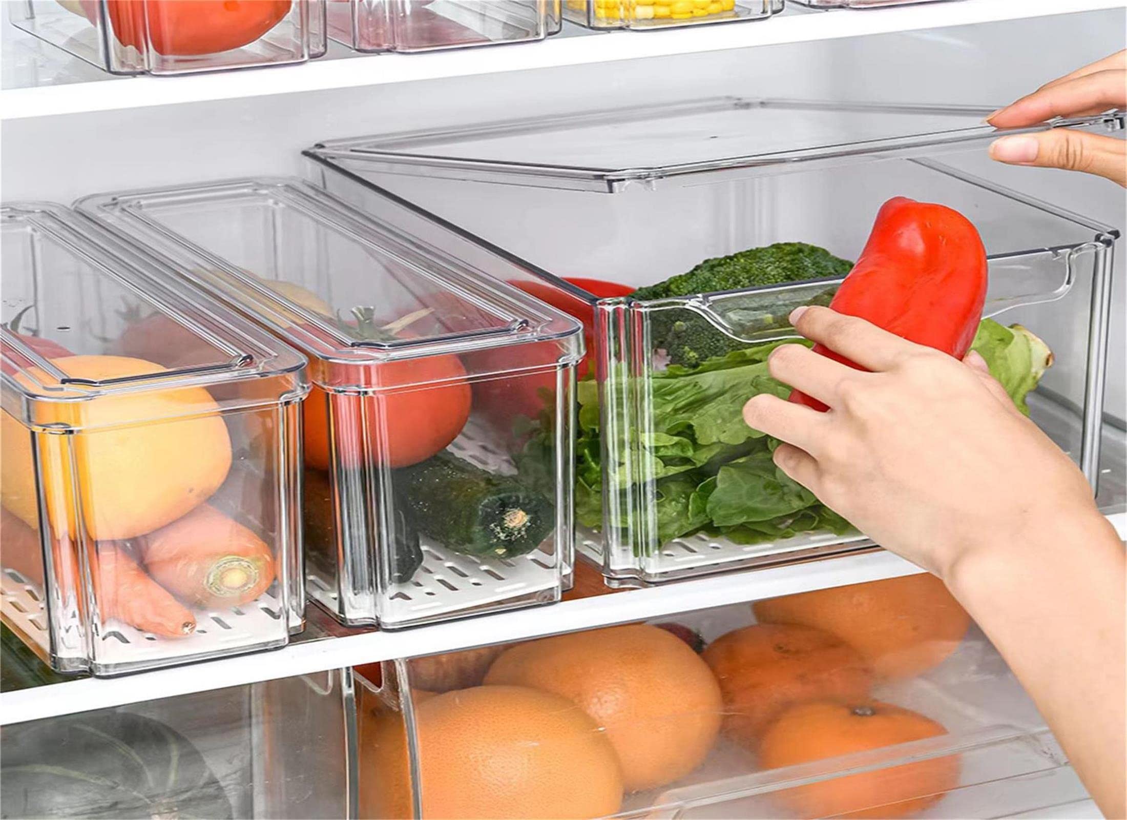 Yustuf 10-pack Clear Stackable Refrigerator Organizer Bins with 4 liners, Plastic Pantry Organization and Storage Bins with lids Vegetable Fruit Storage Containers for Fridge