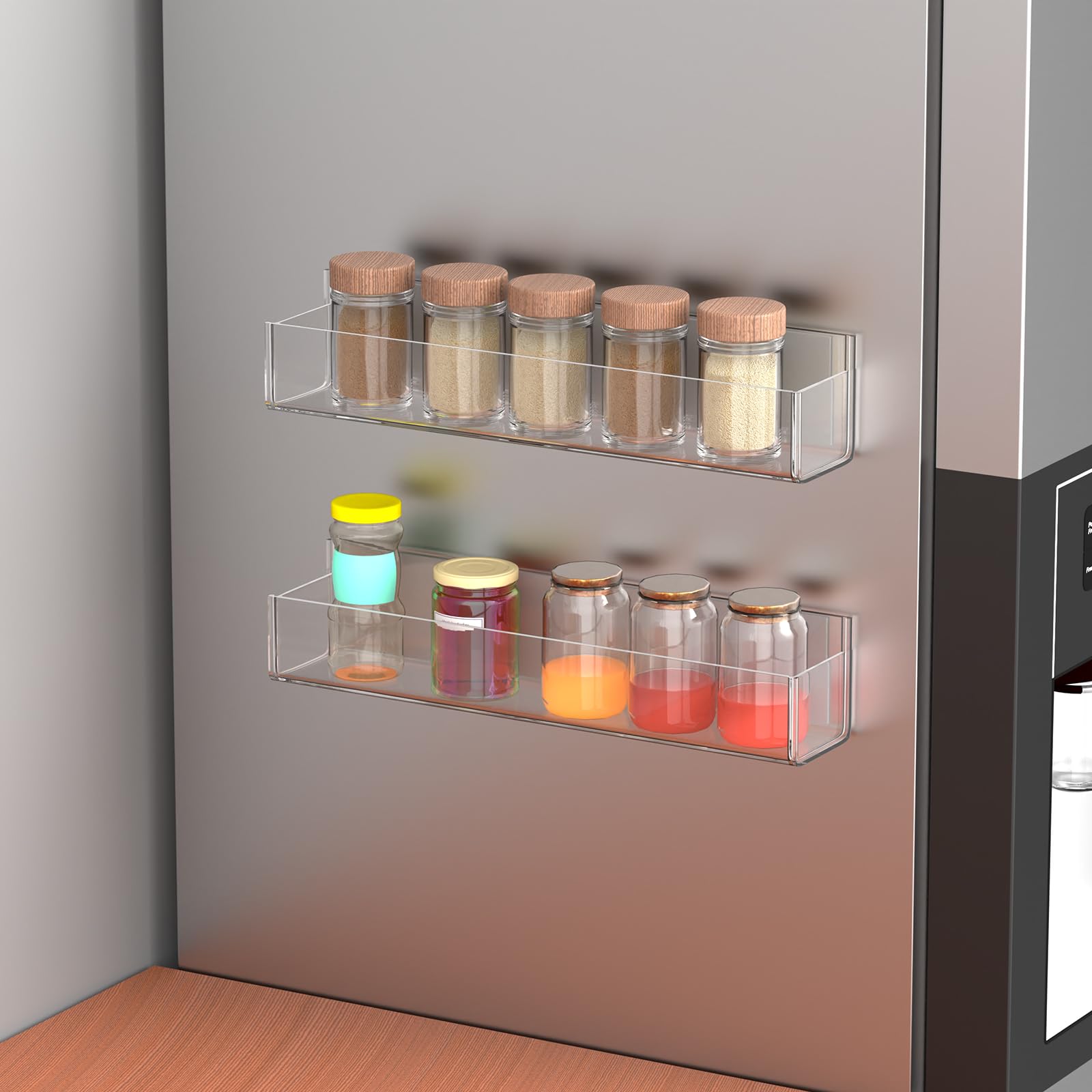 VAEHOLD Adhesive Acrylic Spice Rack with Nano Double Sided Tape Wall Mount Organizer Clear Wall Spice Rack With Shelf Ends for Kitchen Cabinet Door - 2 Pack 11 4/5‘’ Shelves