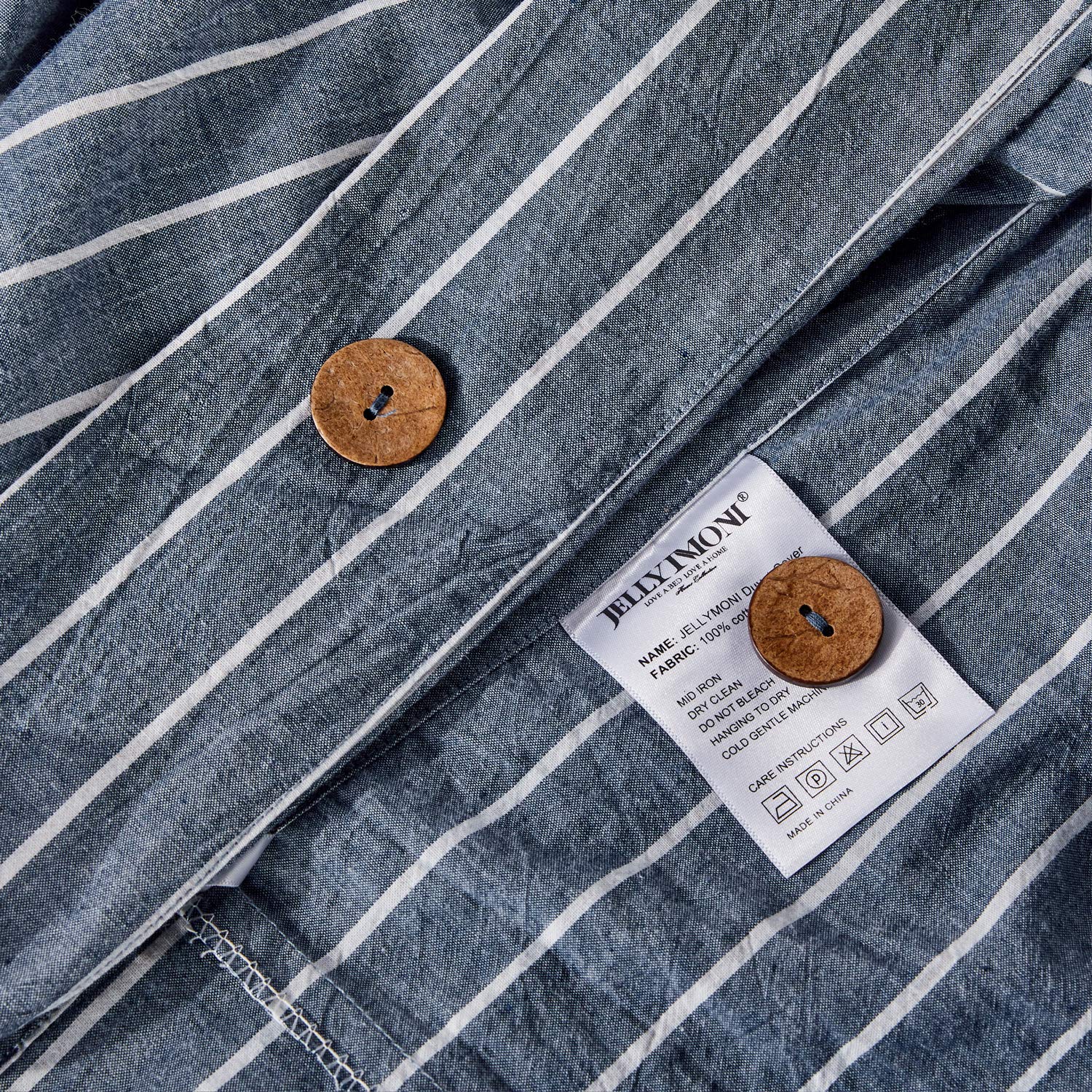 JELLYMONI Pinstriped 100% Washed Cotton Linen Like Duvet Cover Set, 3 Pieces Luxury Soft Bedding Set with Buttons Closure, Blue Stripes Pattern Printed Duvet Cover King Size(No Comforter)