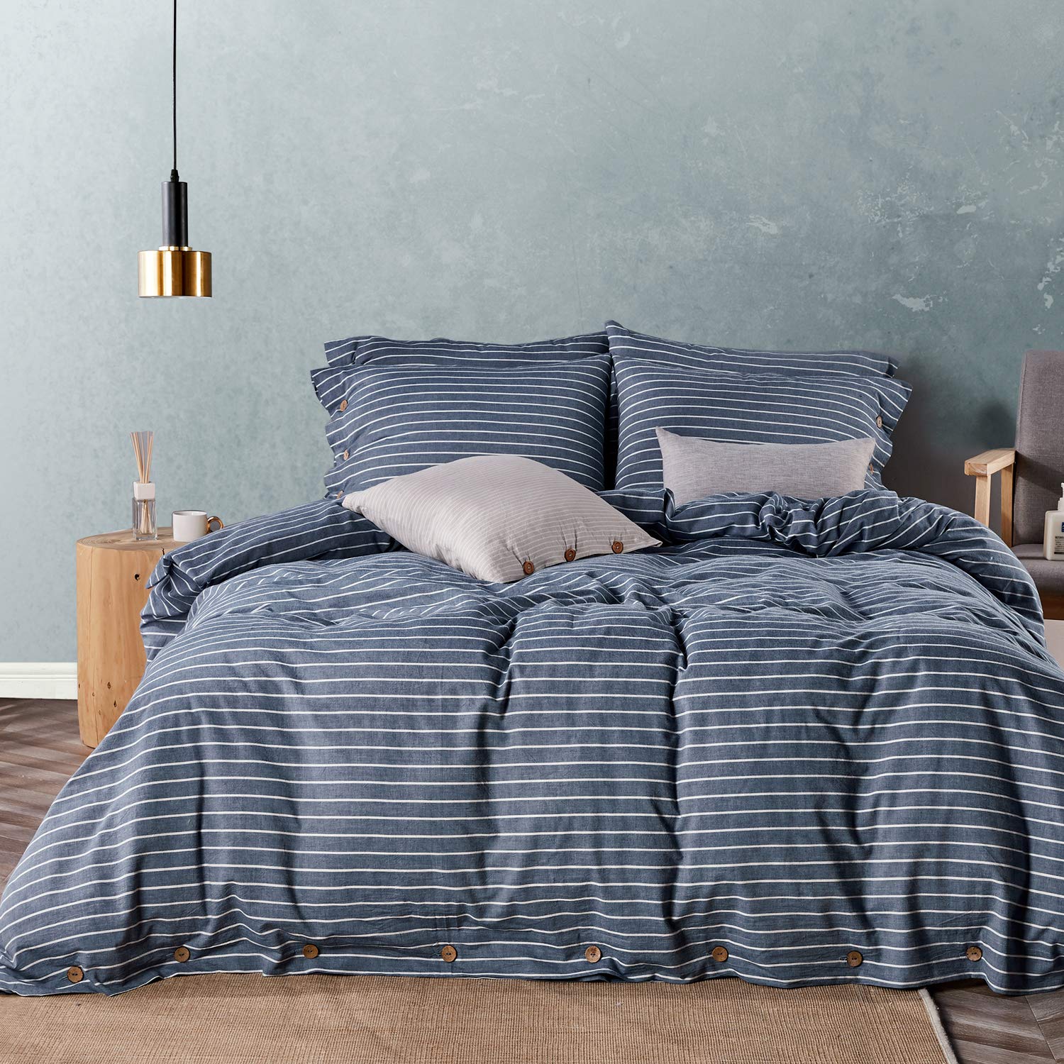 JELLYMONI Pinstriped 100% Washed Cotton Linen Like Duvet Cover Set, 3 Pieces Luxury Soft Bedding Set with Buttons Closure, Blue Stripes Pattern Printed Duvet Cover King Size(No Comforter)