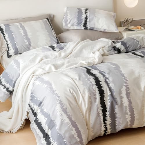 YuHeGuoJi Abstract Geometric Duvet Cover King 100% Cotton Gradient Striped Duvet Cover 3 Pcs Set 1 Black and White Stripe Duvet Cover with Zipper Ties 2 Pillowcases Neutral Wave Patterned Bedding