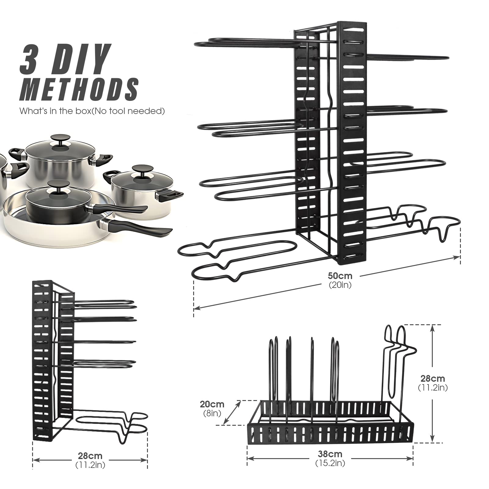 Gadhra Pots and Pans Organizer for Cabinet, 8 Tier Pot Rack with 3 DIY Methods, Adjustable Pot Lid Holders & Pan Rack, Pot Organizer for Kitchen Organization & Storage, Cabinet Organizer