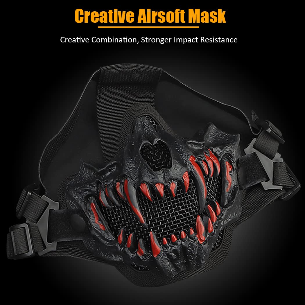 Yzpacc Airsoft Half Face Skull Masks Tactical Face Protection Mesh Mask for Halloween Paintball CS Hunting