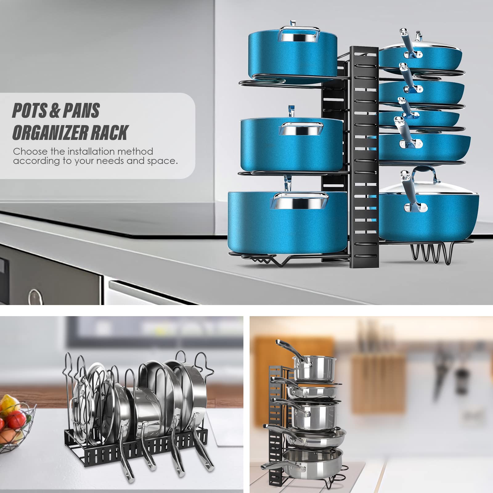 Gadhra Pots and Pans Organizer for Cabinet, 8 Tier Pot Rack with 3 DIY Methods, Adjustable Pot Lid Holders & Pan Rack, Pot Organizer for Kitchen Organization & Storage, Cabinet Organizer