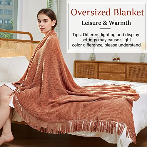 Blagic Knitted Throw Blanket for Couch Soft Farmhouse Boho Throw Blanket with Tassels Home Decorative Lightweight Throw Blankets,Maple Brown Throws for Bed/Chair/Sofa, Stripe Textured,50" W x 60" L