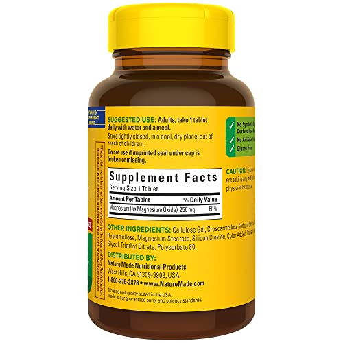 Nature Made Magnesium Oxide 250 mg, Dietary Supplement for Muscle, Heart, Bone and Nerve Health Support, 200 Tablets, 200 Day Supply