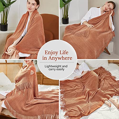 Blagic Knitted Throw Blanket for Couch Soft Farmhouse Boho Throw Blanket with Tassels Home Decorative Lightweight Throw Blankets,Maple Brown Throws for Bed/Chair/Sofa, Stripe Textured,50" W x 60" L