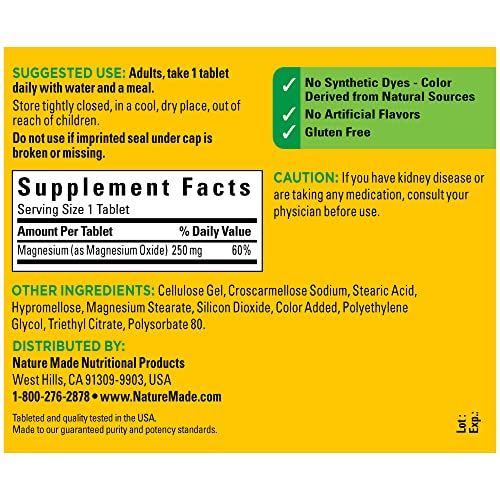 Nature Made Magnesium Oxide 250 mg, Dietary Supplement for Muscle, Heart, Bone and Nerve Health Support, 200 Tablets, 200 Day Supply
