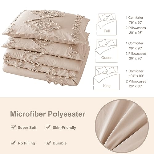 PERFEMET Beige Cream Comforter Set for King Size Bed - 3 Pieces Tufted Boho Farmhouse Bedding Set, Geometric Fluffy Rustic Bed Set for Bedroom