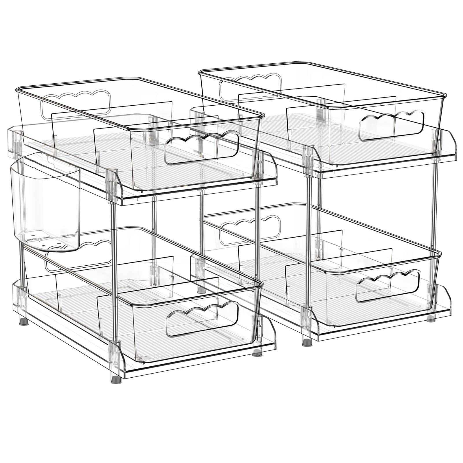 2 Tier Clear Organizer with Dividers, Pantry Organization and Storage Multi Purpose Slide-Out Bathroom Organizer, Kitchen Pantry Medicine Cabniet Bins, Under Sink Organizers and Storage, 2 Pack