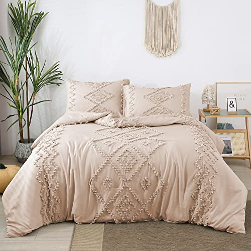 PERFEMET Beige Cream Comforter Set for King Size Bed - 3 Pieces Tufted Boho Farmhouse Bedding Set, Geometric Fluffy Rustic Bed Set for Bedroom