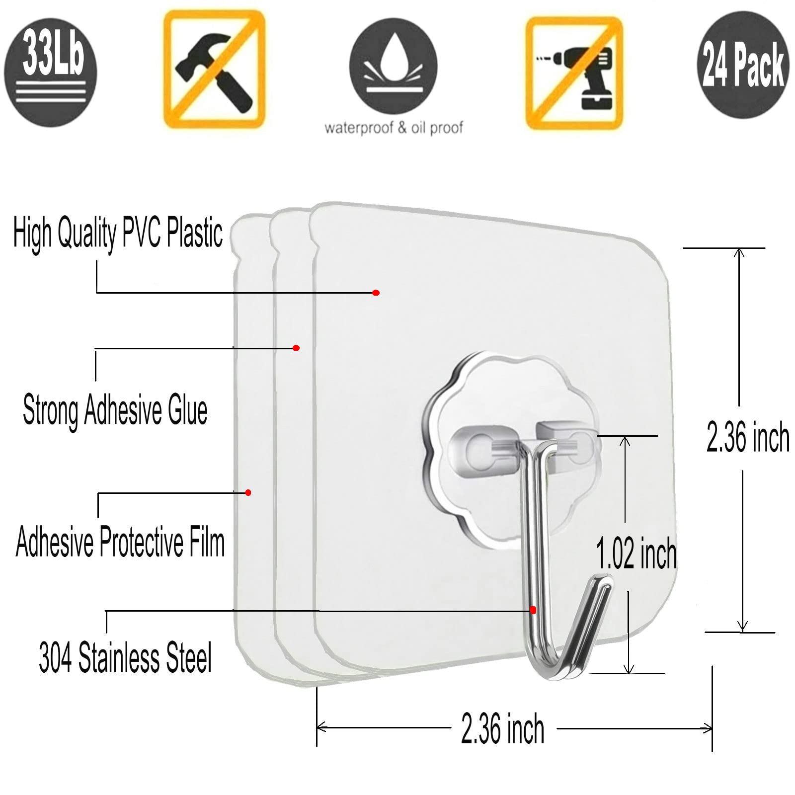 Jwxstore Wall Hooks for Hanging 33lb(Max) Heavy Duty Self Adhesive Hooks 24 Pack Transparent Waterproof Sticky Hooks for Keys Bathroom Shower Outdoor Kitchen Door Home Improvement Utility Hooks