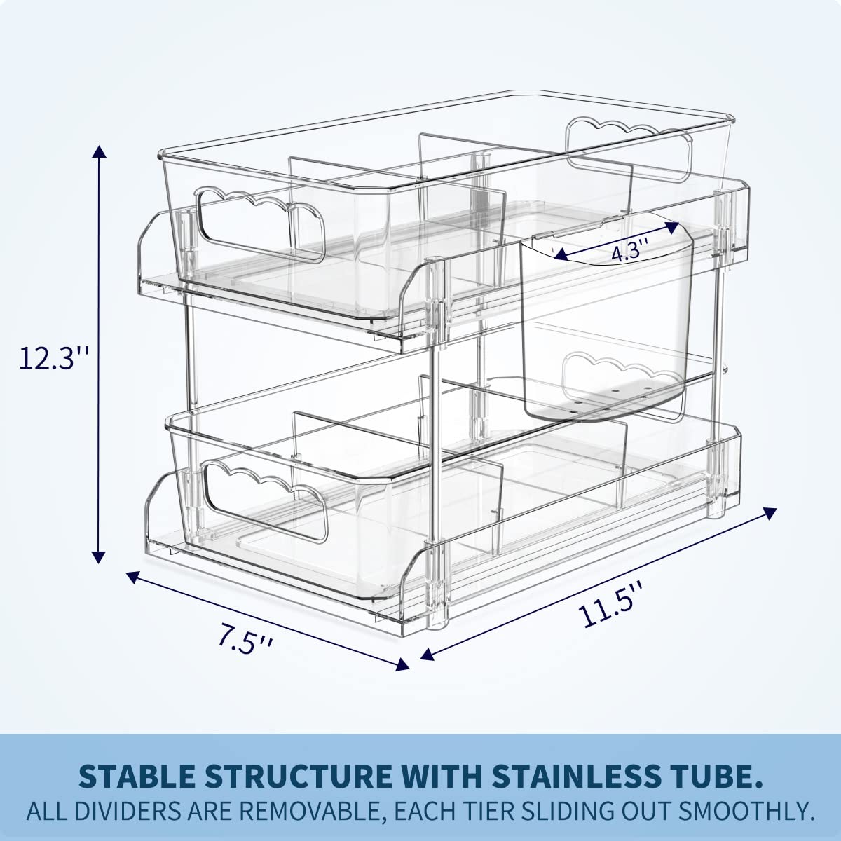 2 Tier Clear Organizer with Dividers, Pantry Organization and Storage Multi Purpose Slide-Out Bathroom Organizer, Kitchen Pantry Medicine Cabniet Bins, Under Sink Organizers and Storage, 2 Pack