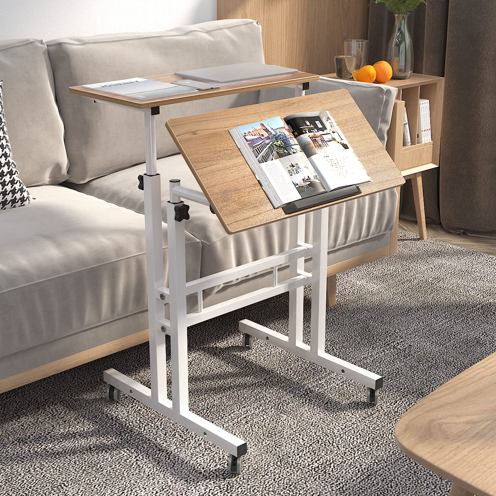 DlandHome Mobile Standing Desk Stand Up Desk Rolling Desk, Stand Sit Desk Mobile Computer Desk Adjustable Standing Desk 23.6inches Table Workstation Mobile Desk Cart Tray Oak