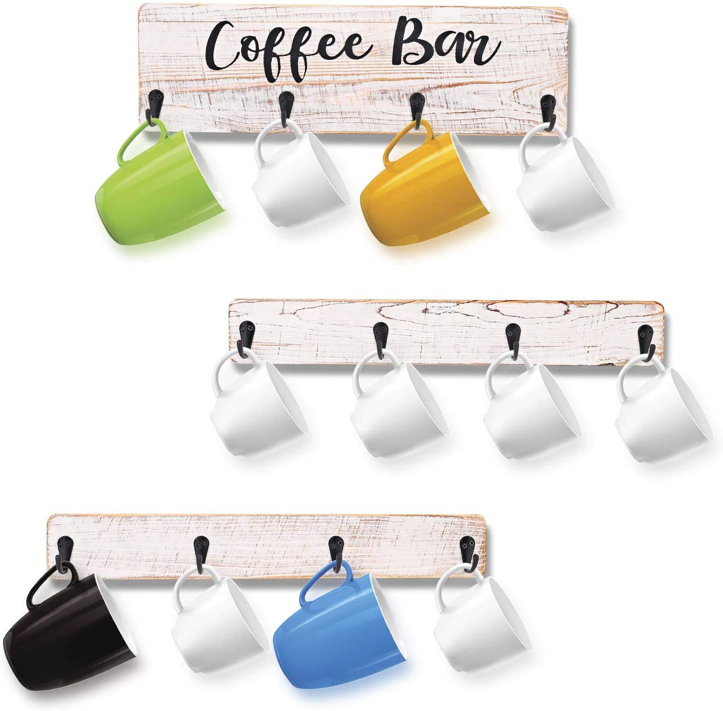 Coffee Mug Holder,Wall Mounted Coffee Mug Rack,Rustic Wood Cup Organizer with 12 Hooks,Kitchen Display Storage and Collection (White)