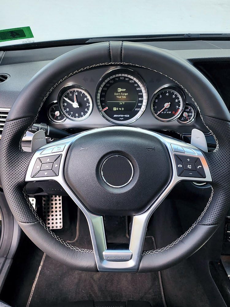 RedlineGoods Steering Wheel Cover - AMG Compatible with Mercedes E-Class W212 2012-16. Tailor Made - not Universal. Genuine top-Grade Italian Black Leather with Silver Thread