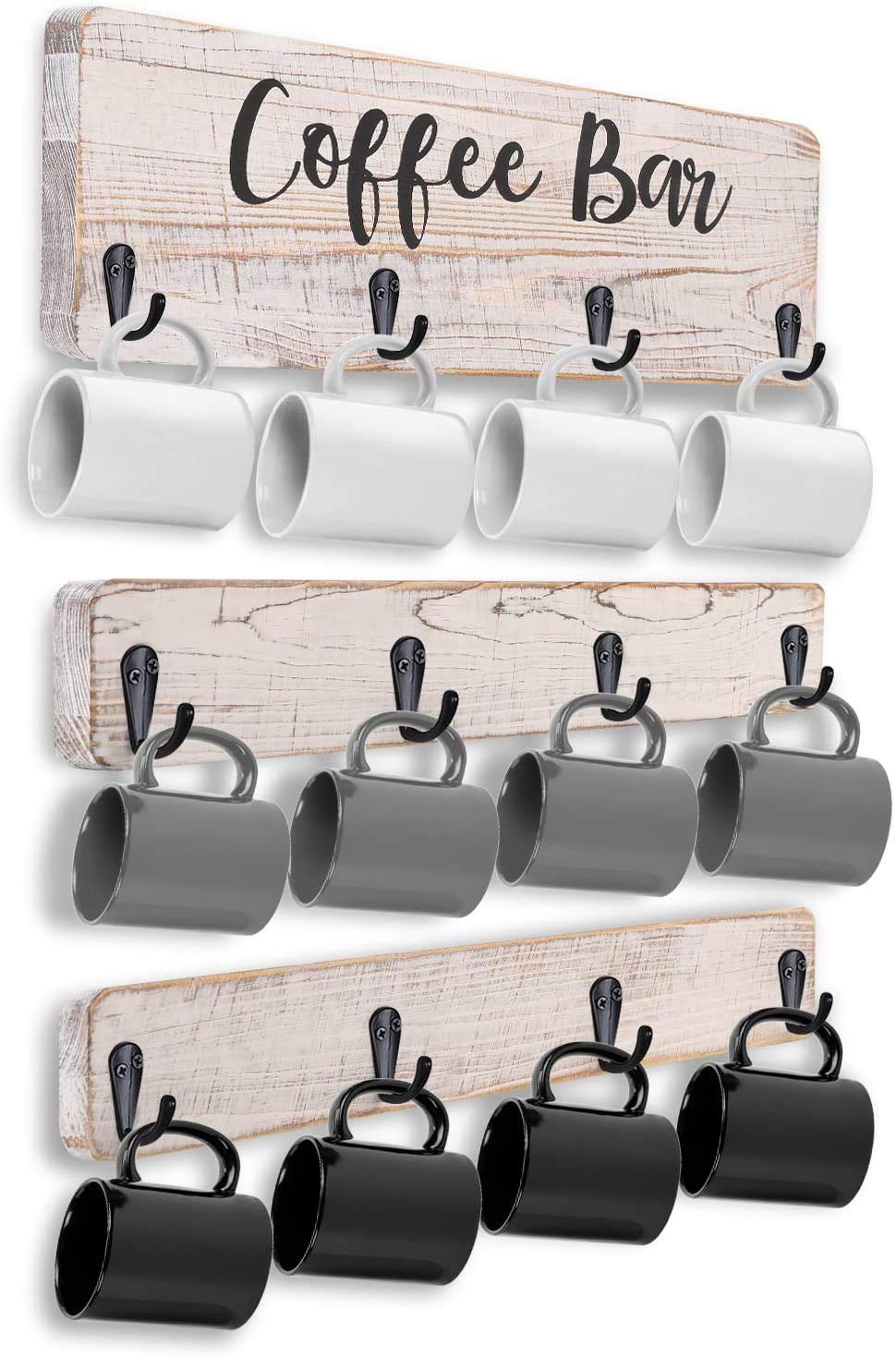 Coffee Mug Holder,Wall Mounted Coffee Mug Rack,Rustic Wood Cup Organizer with 12 Hooks,Kitchen Display Storage and Collection (White)