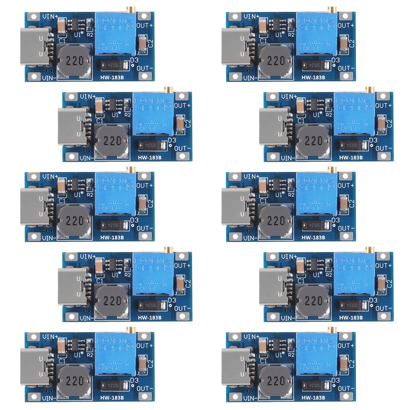 10Pcs Boost Module MT3608 DC-DC Step Up Converter 2A Boost Regulator Type C Power Supply Module Adjustable Voltage Regulator Input 2V-24V to 5V-28V