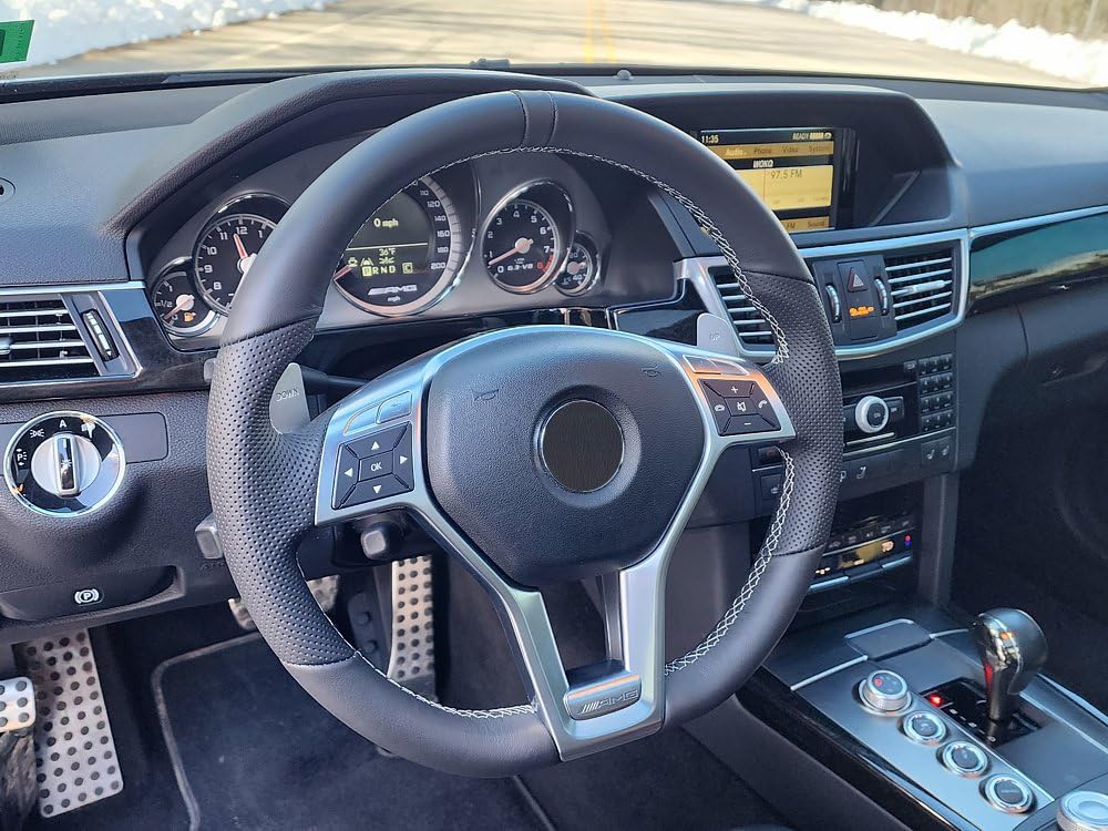 RedlineGoods Steering Wheel Cover - AMG Compatible with Mercedes E-Class W212 2012-16. Tailor Made - not Universal. Genuine top-Grade Italian Black Leather with Silver Thread