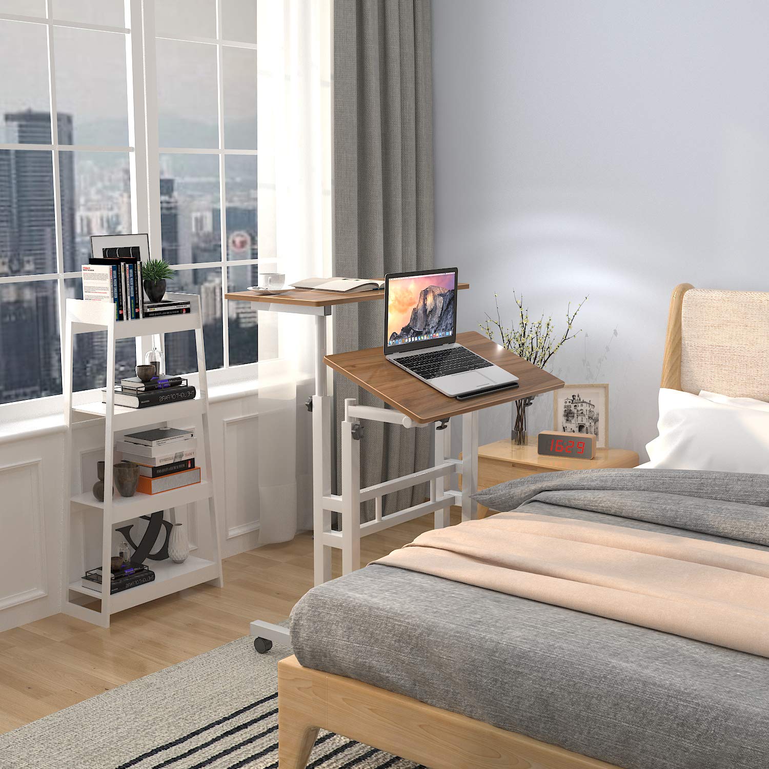 DlandHome Mobile Standing Desk Stand Up Desk Rolling Desk, Stand Sit Desk Mobile Computer Desk Adjustable Standing Desk 23.6inches Table Workstation Mobile Desk Cart Tray Oak