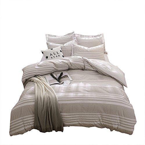 Merryfeel Cotton Duvet Cover Set,100% Cotton Seersucker Weave Duvet Cover Set,Yarn Dyed Textured Stripe Bedding Set,3 Pieces- Full/Queen Khaki