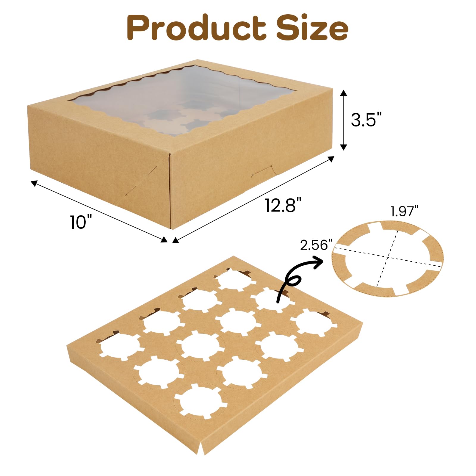 Tcoivs 6-Set Cupcake Boxes Hold 12 Standard Cupcakes, Brown Cupcake Containers with Windows and Inserts, Cupcake Carrier, Food Grade Kraft Cupcake Holders